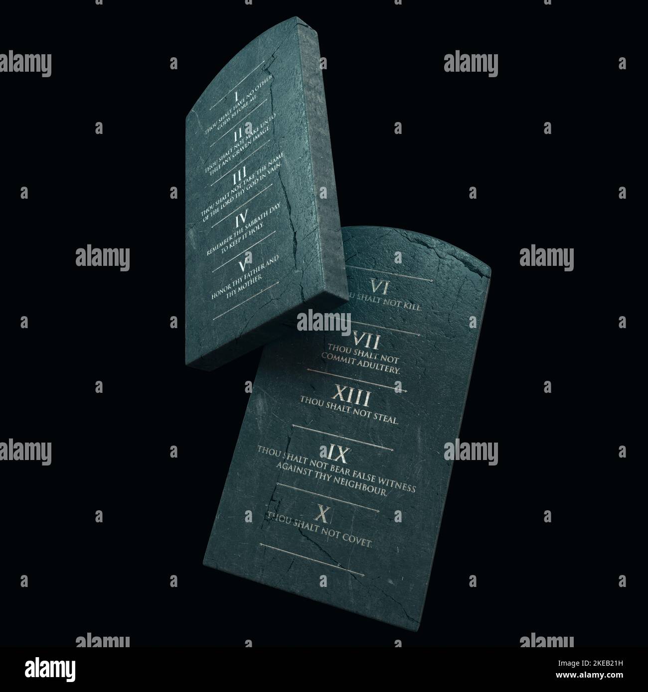 Two cracked stone tablets with the ten commandments etched into them ...