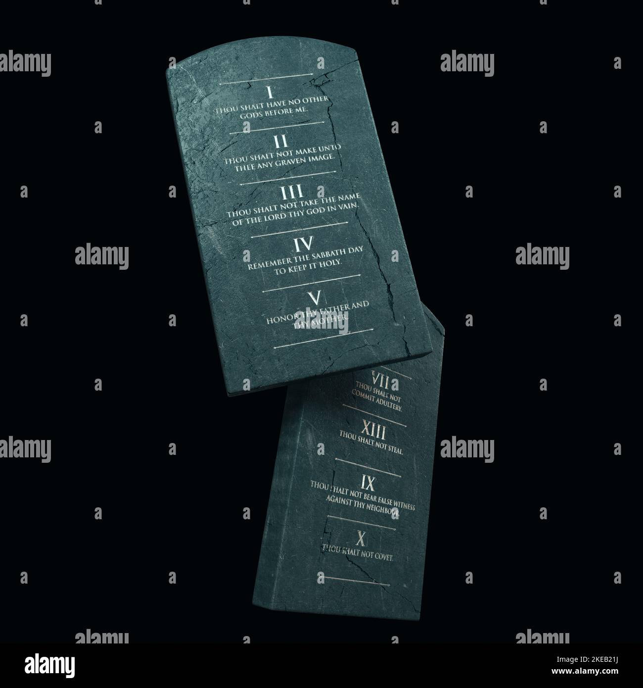 Two cracked stone tablets with the ten commandments etched into them ...