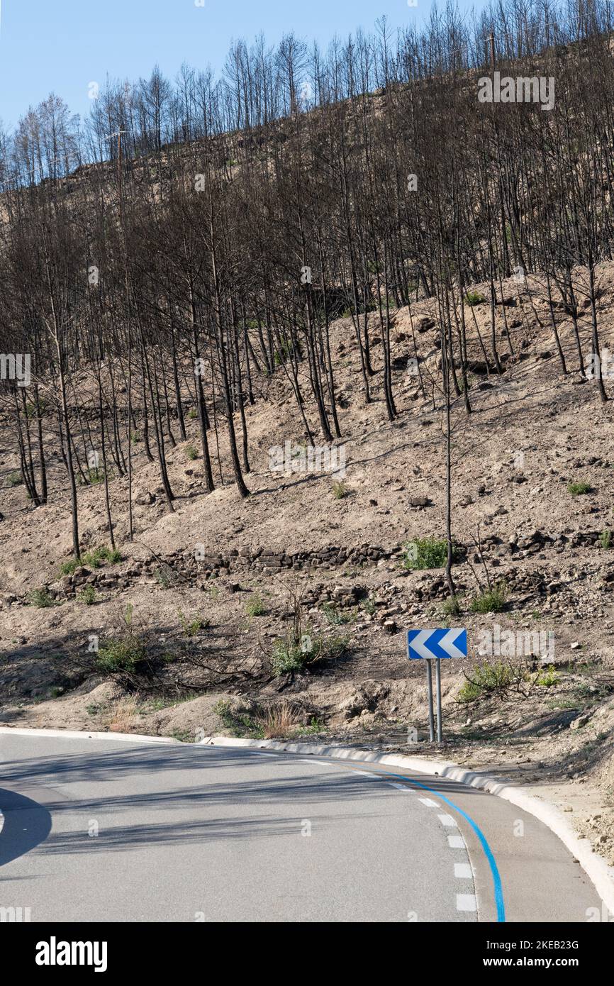 Road route that crosses area burned by recent fire, traffic signs warn ...