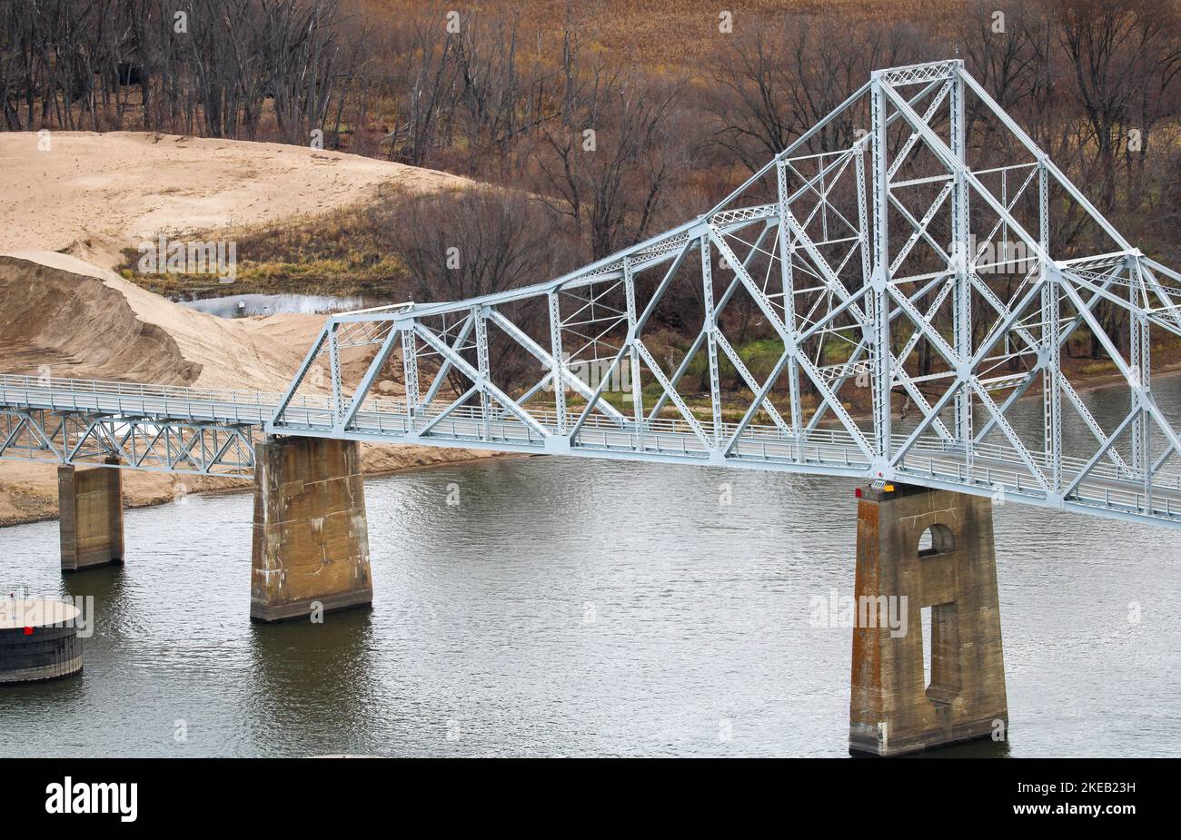 The Black Hawk Bridge spanning the Mississippi River. View from a drone ...