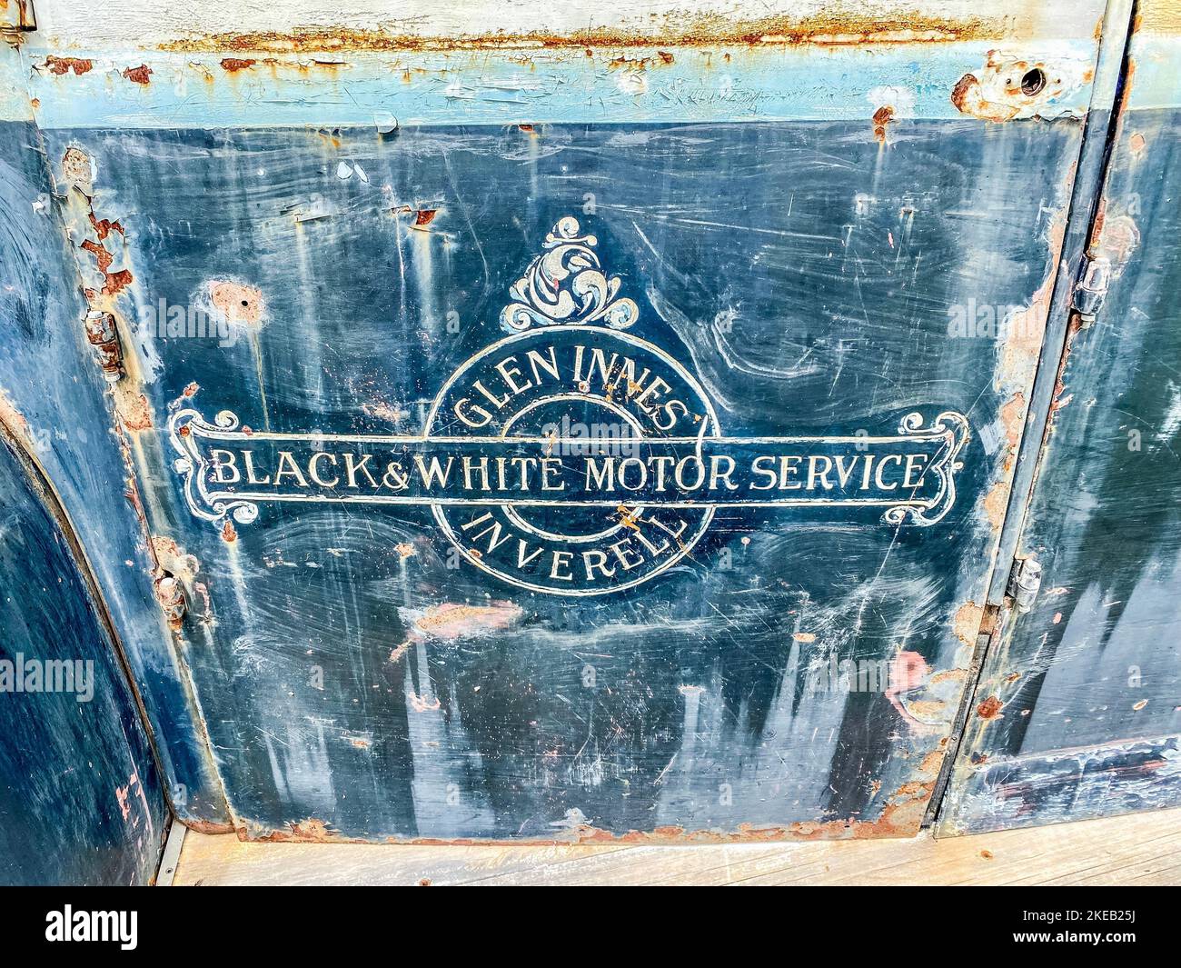 A vintage Glen Innes to Inverell logo on an old Ford Bus at the ...