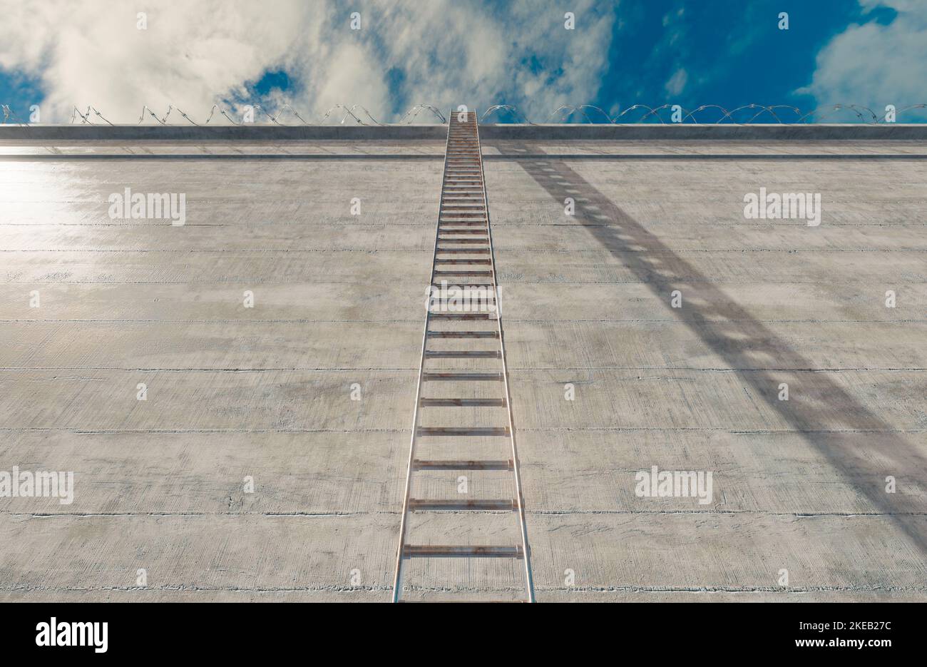 A high concrete wall topped with barbed wire with a long metal step ...