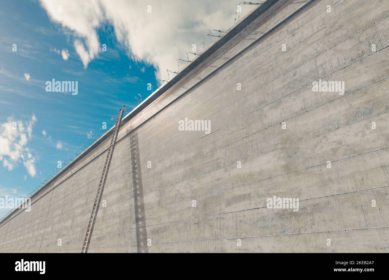 A high concrete wall topped with barbed wire with a long metal step ...