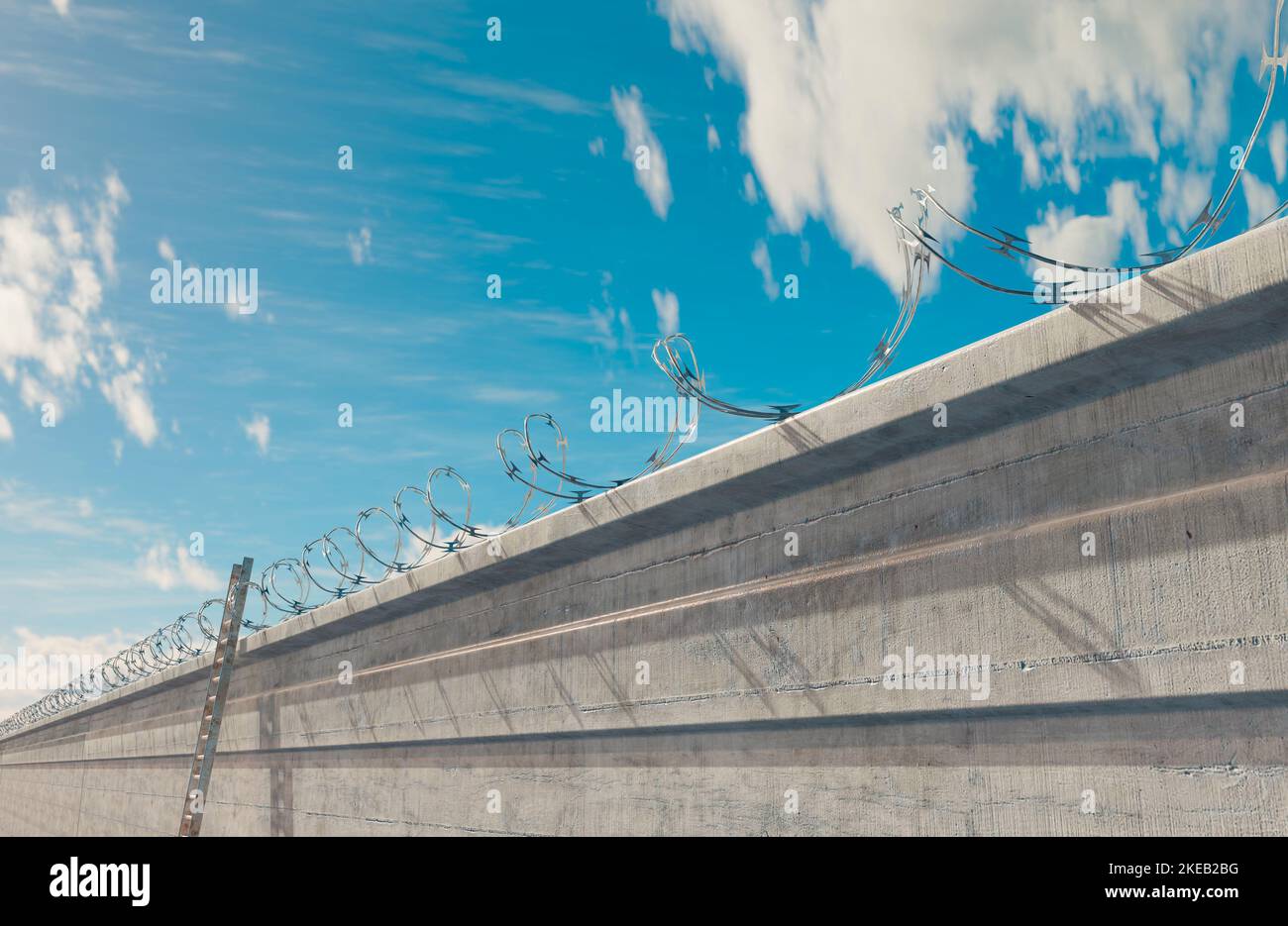 A high concrete wall topped with barbed wire with a long metal step ...