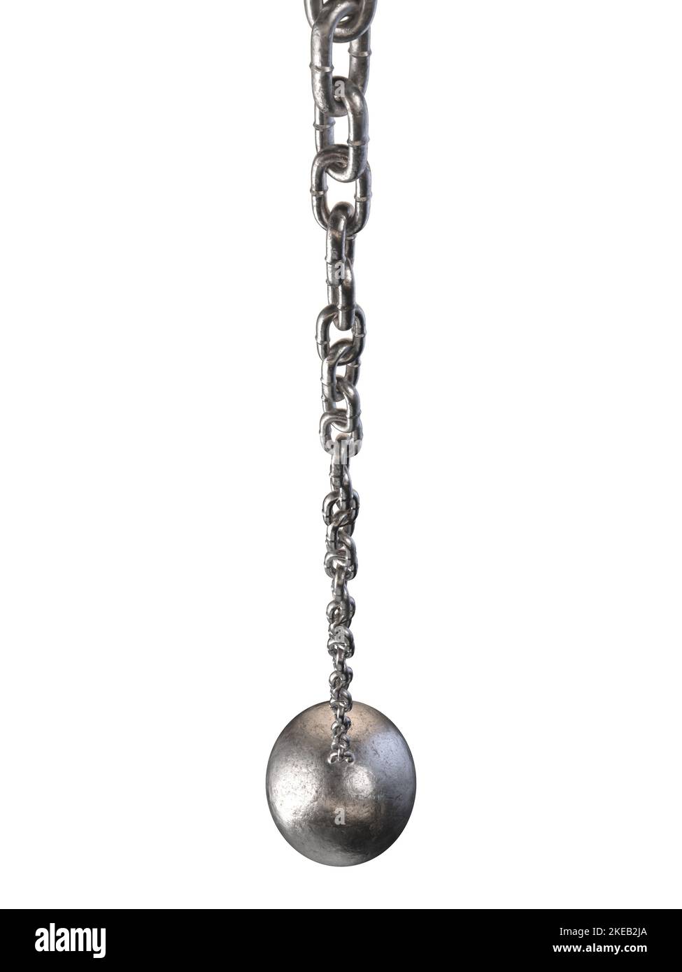 A regular metal wrecking ball attached to a chain on a white isolated ...