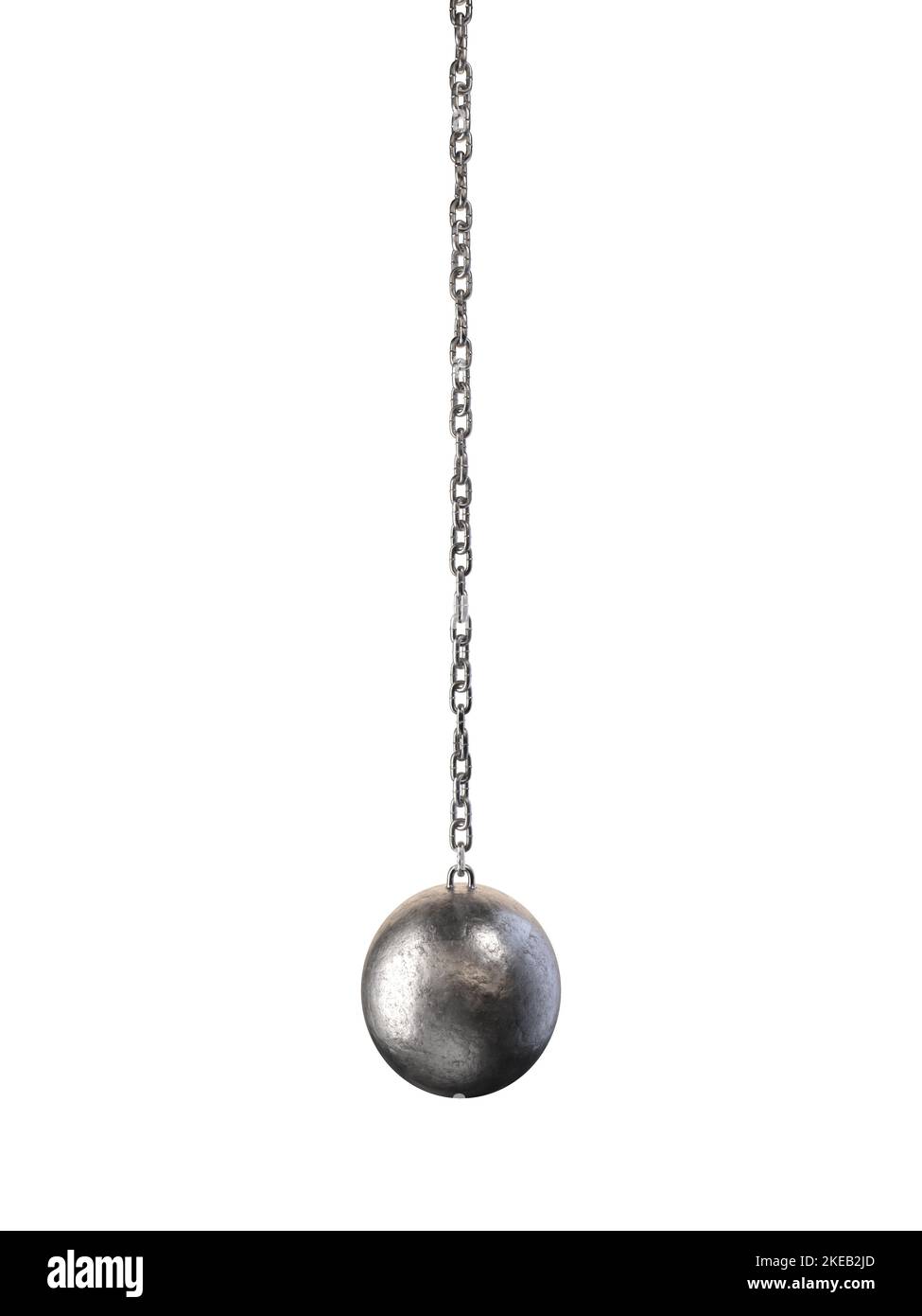 A regular metal wrecking ball attached to a chain on a white isolated ...