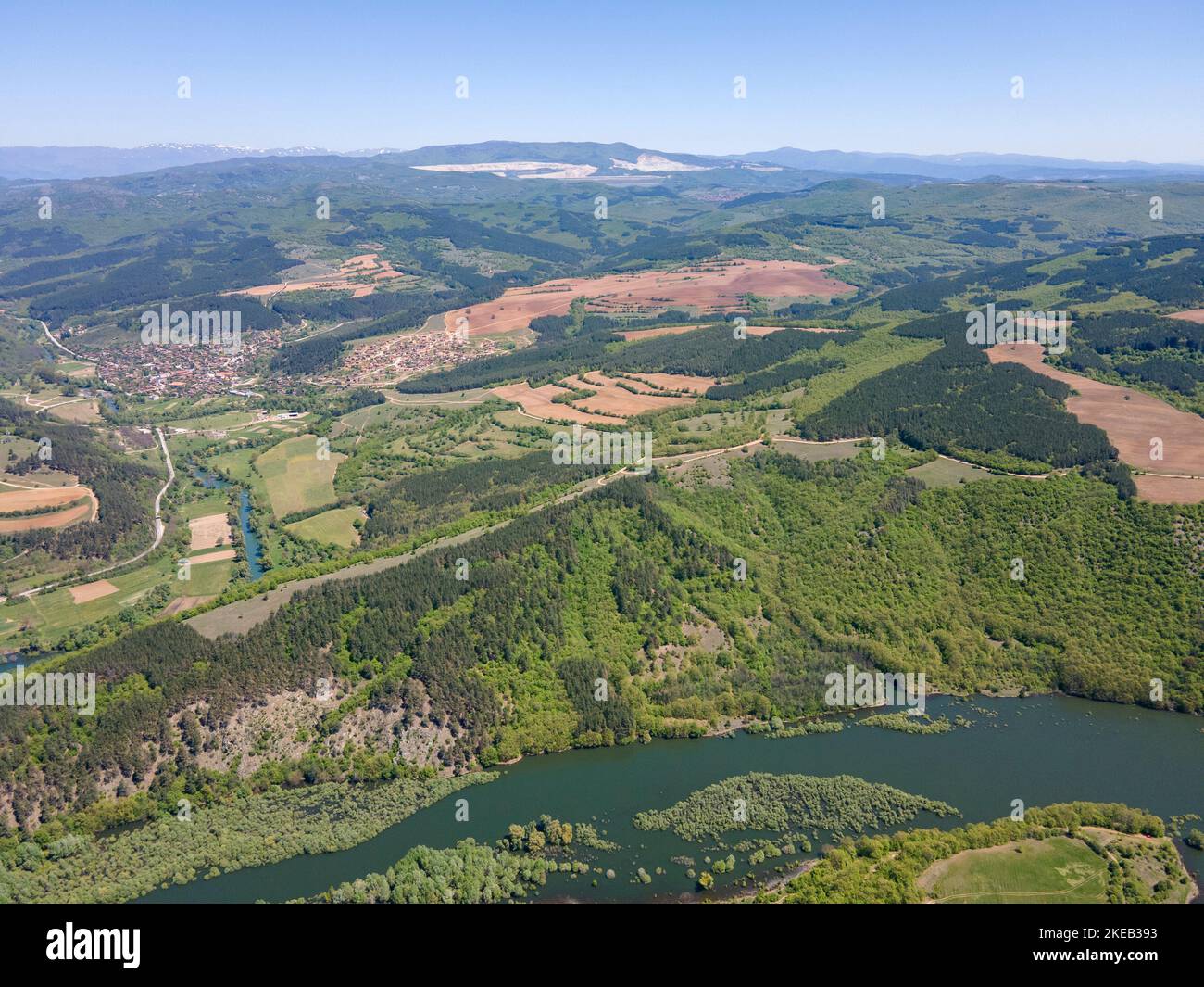 Aerial spring view of Topolnitsa Reservoir, Sredna Gora Mountain ...