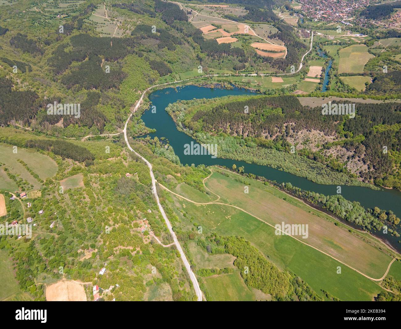 Aerial spring view of Topolnitsa Reservoir, Sredna Gora Mountain ...