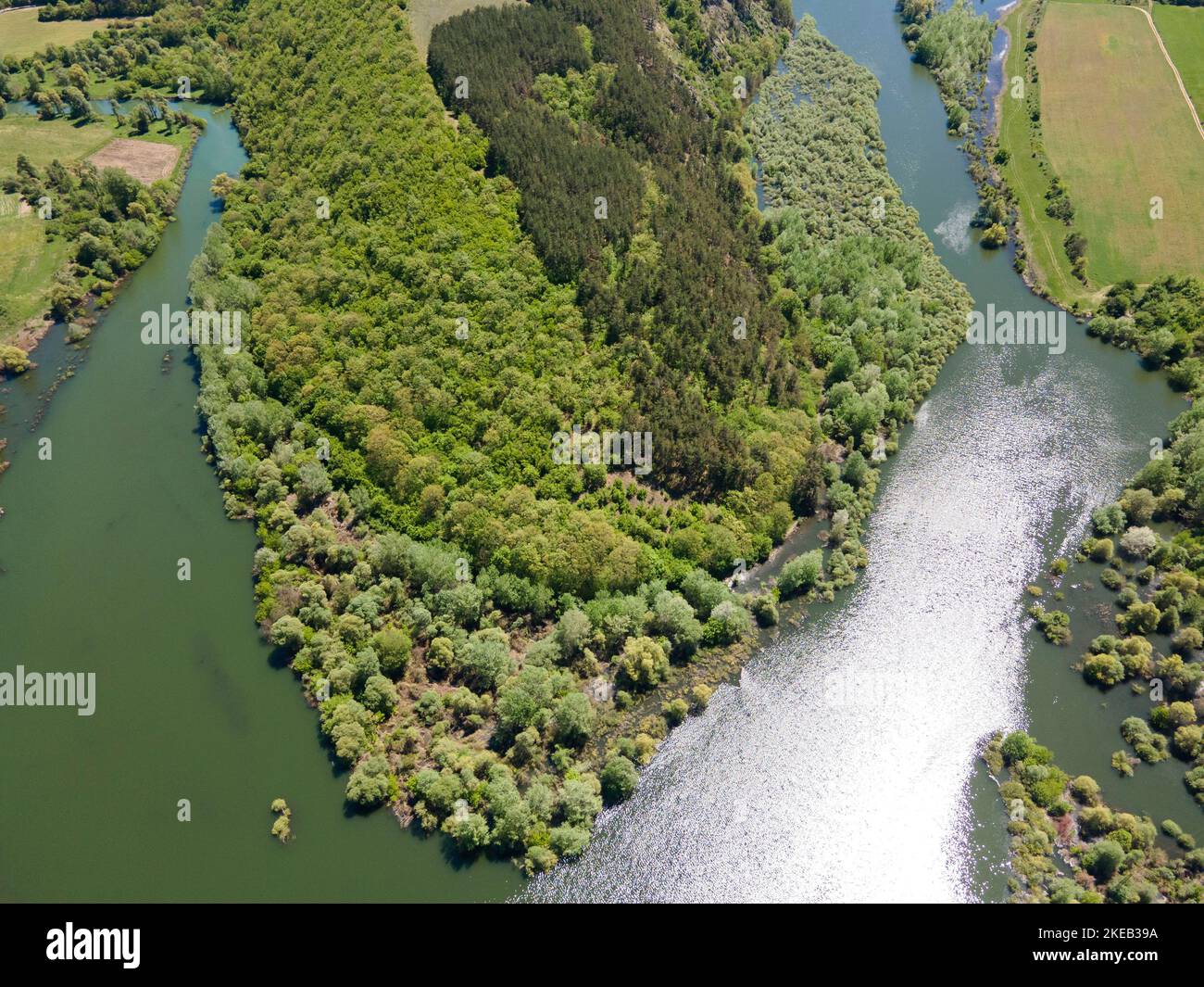 Aerial spring view of Topolnitsa Reservoir, Sredna Gora Mountain ...