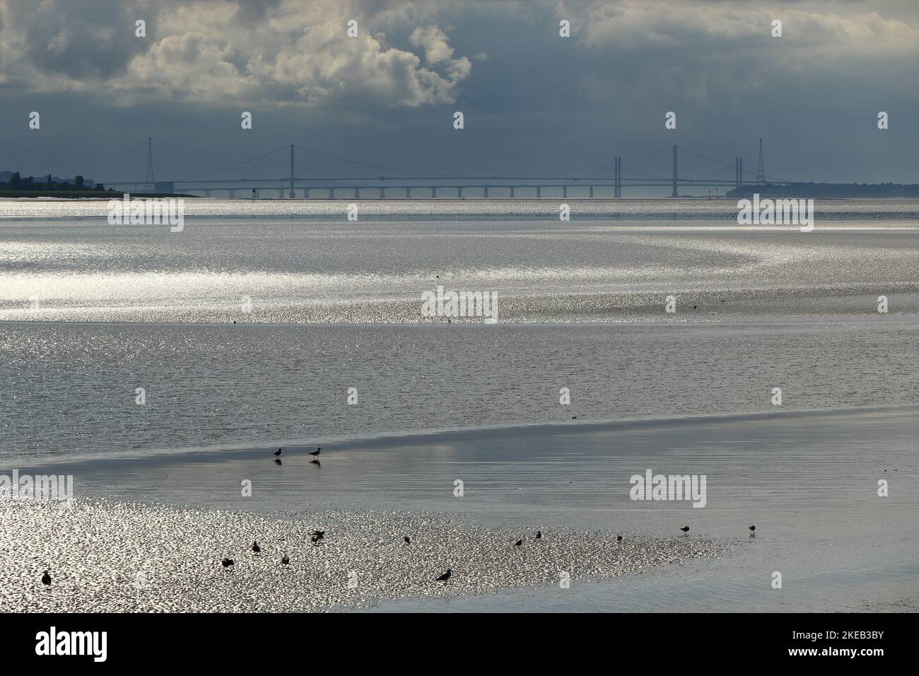 A wide ocean with a bridge background on a cloudy sky Stock Photo - Alamy