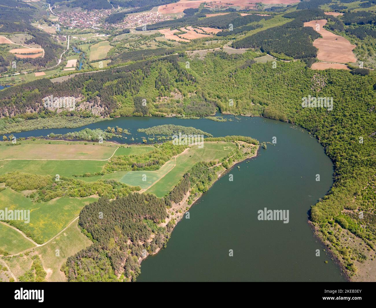 Aerial spring view of Topolnitsa Reservoir, Sredna Gora Mountain ...