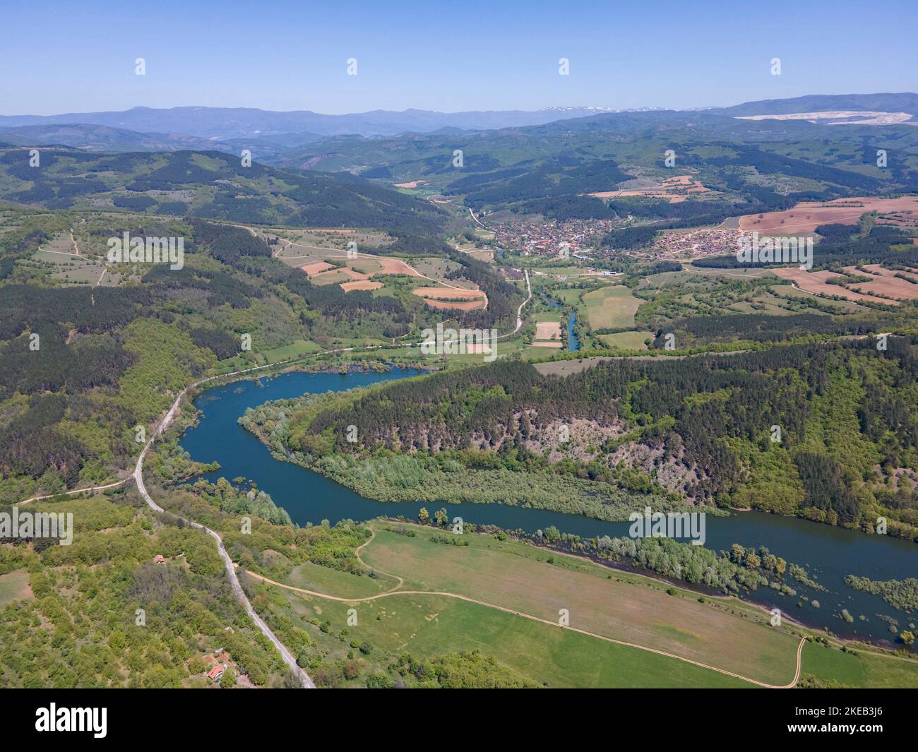 Aerial spring view of Topolnitsa Reservoir, Sredna Gora Mountain ...