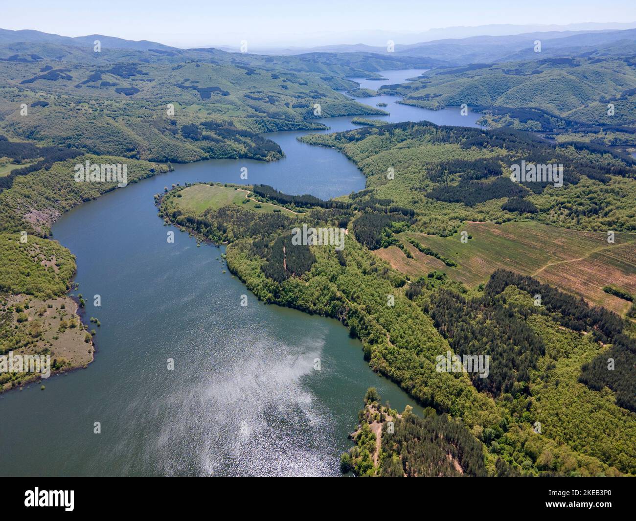 Aerial spring view of Topolnitsa Reservoir, Sredna Gora Mountain ...