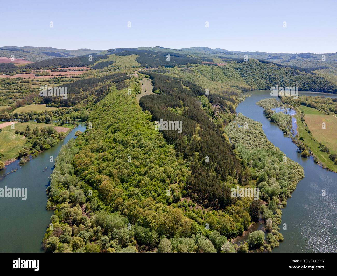 Aerial spring view of Topolnitsa Reservoir, Sredna Gora Mountain ...
