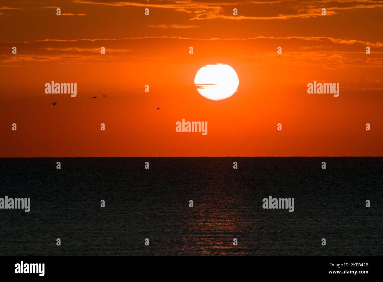 A spectacular sunrise over the sea, the sun rising from beyond the ...