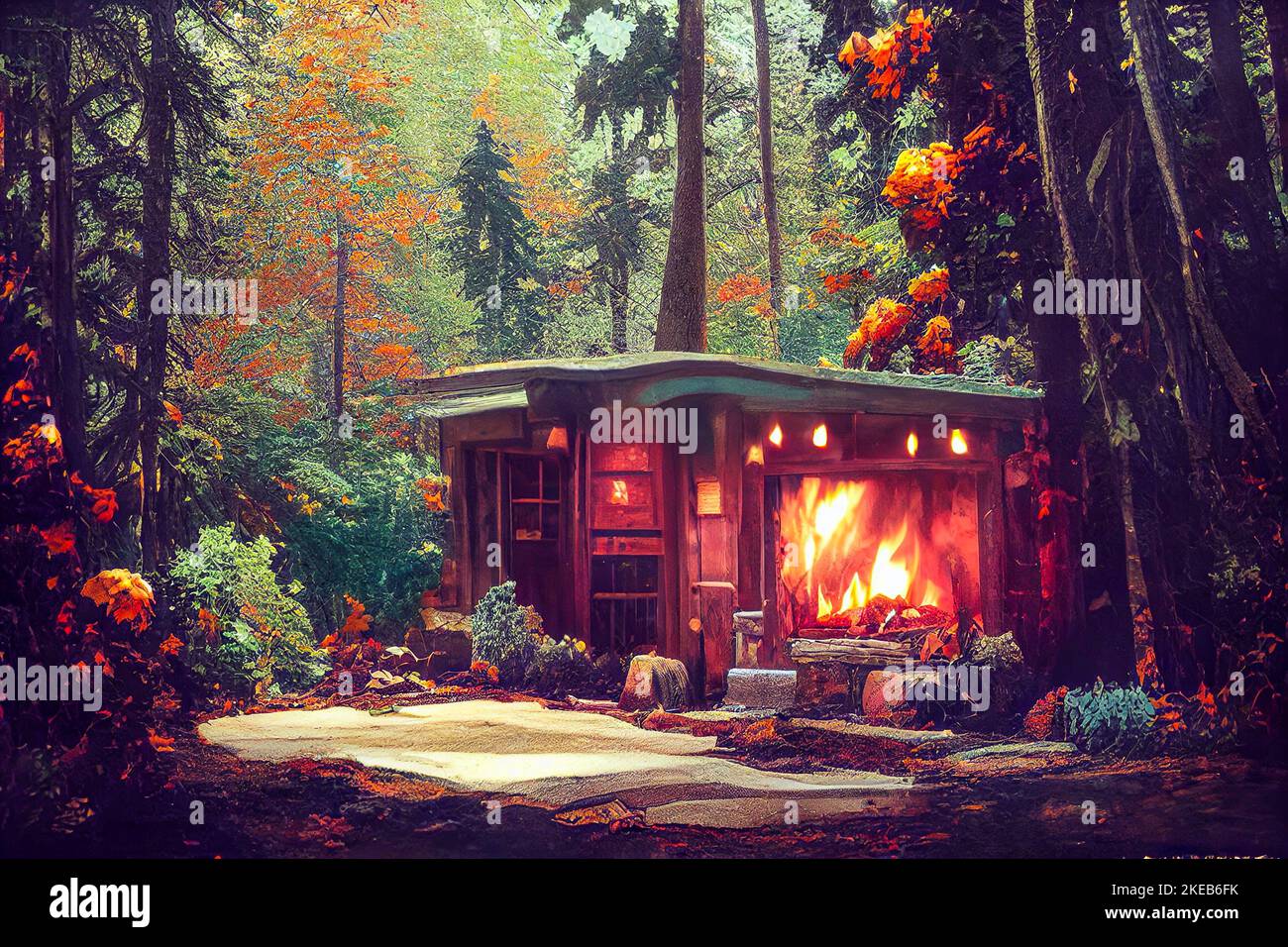 christmas tree with burning House in the night Stock Photo - Alamy
