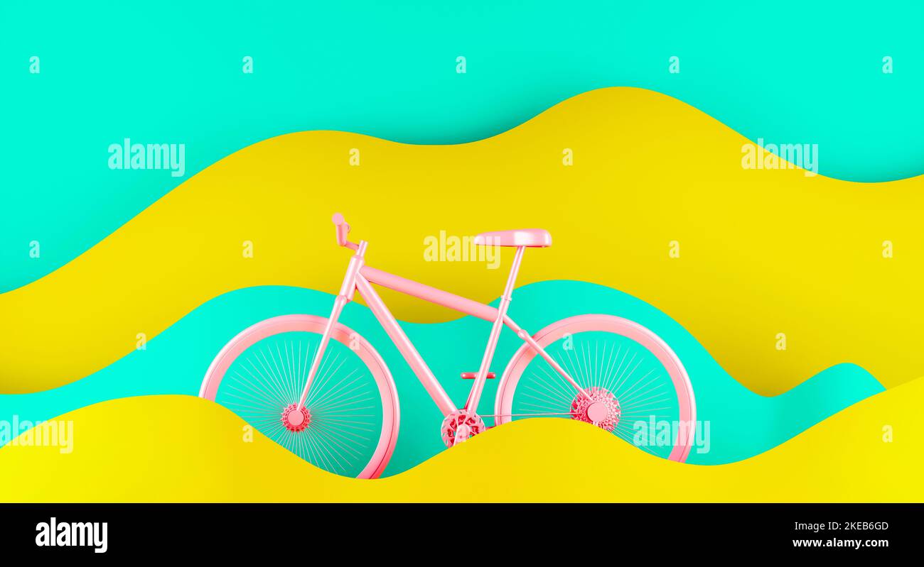 Pink bicycle on yellow and blue paper waves background. 3D rendering ...
