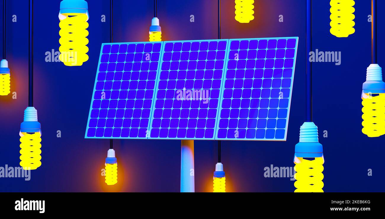LED lamps hang next to solar panel. Alternative ecological electricity ...