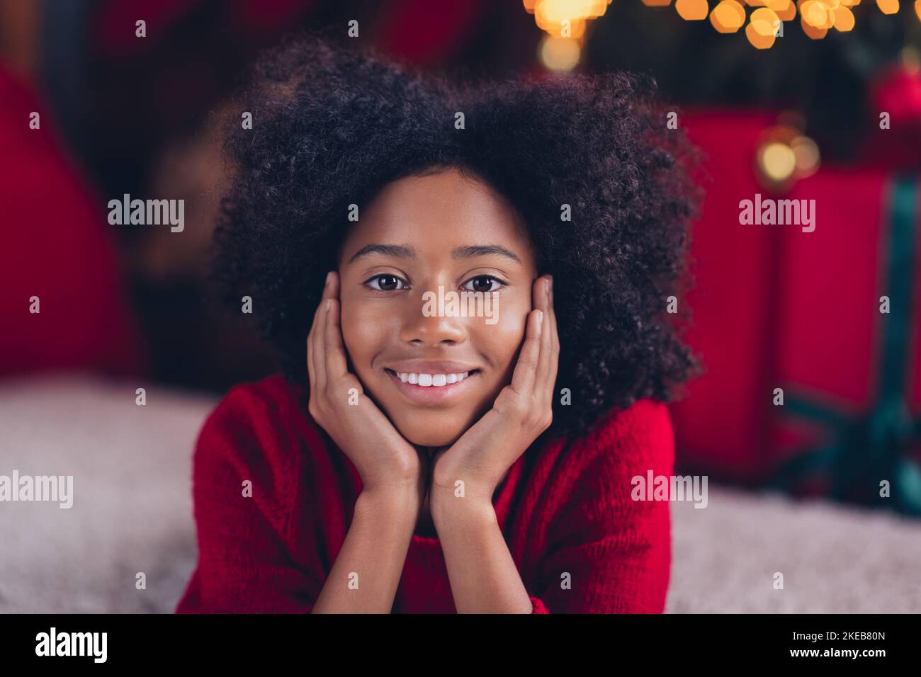 Photo of cute pretty adorable dreamy child teenager wear red jumper two ...