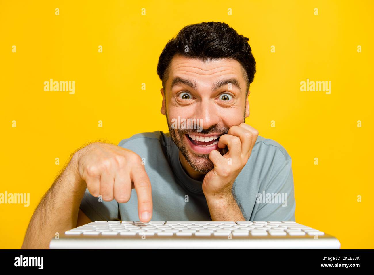 Photo of young pretty funny addicted crazy businessman gaming problem ...