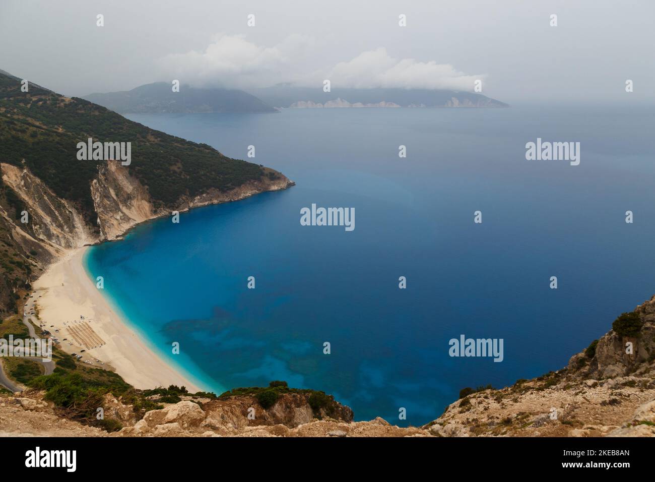 Top view at Myrtos Beach from road during bad weather conditions ...