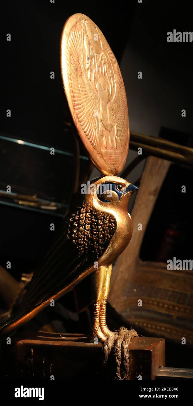 Statuette of falcon with the disc of the sun from Tutankhamun's tomb ...