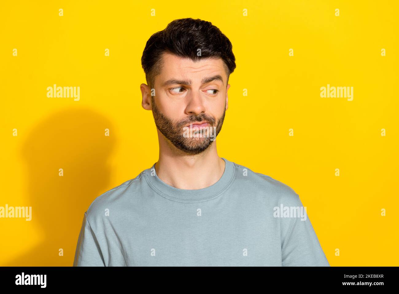 Closeup photo of young funny man bristle brunet pouted lips dont like ...