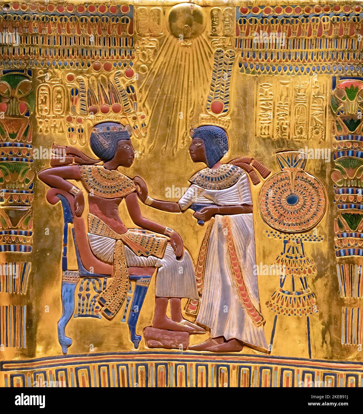Tutankhamun and his queen lighted by the sun, from the tomb of the ...