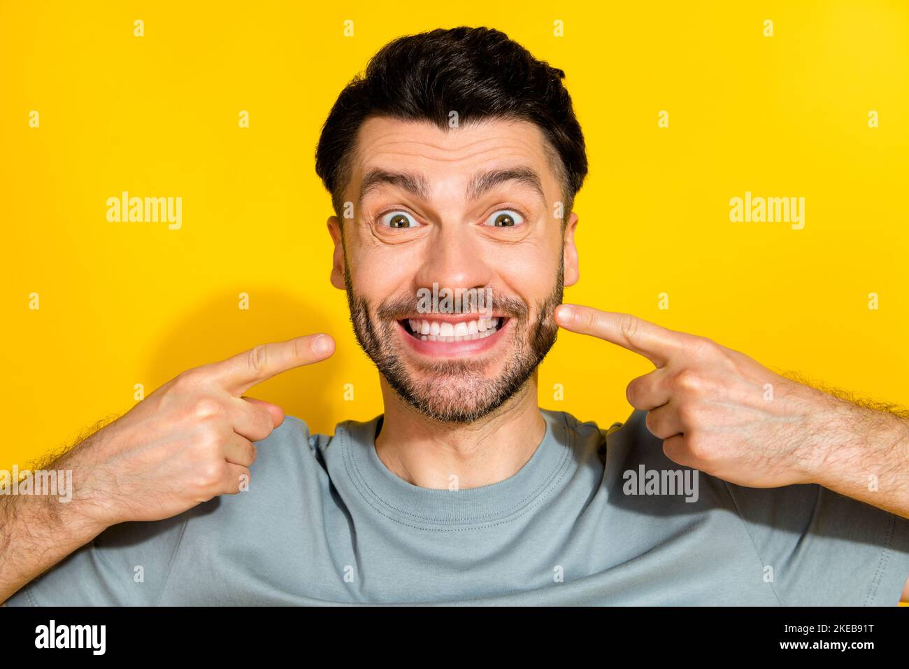Closeup photo of young funny positive toothy smiling beaming guy ...
