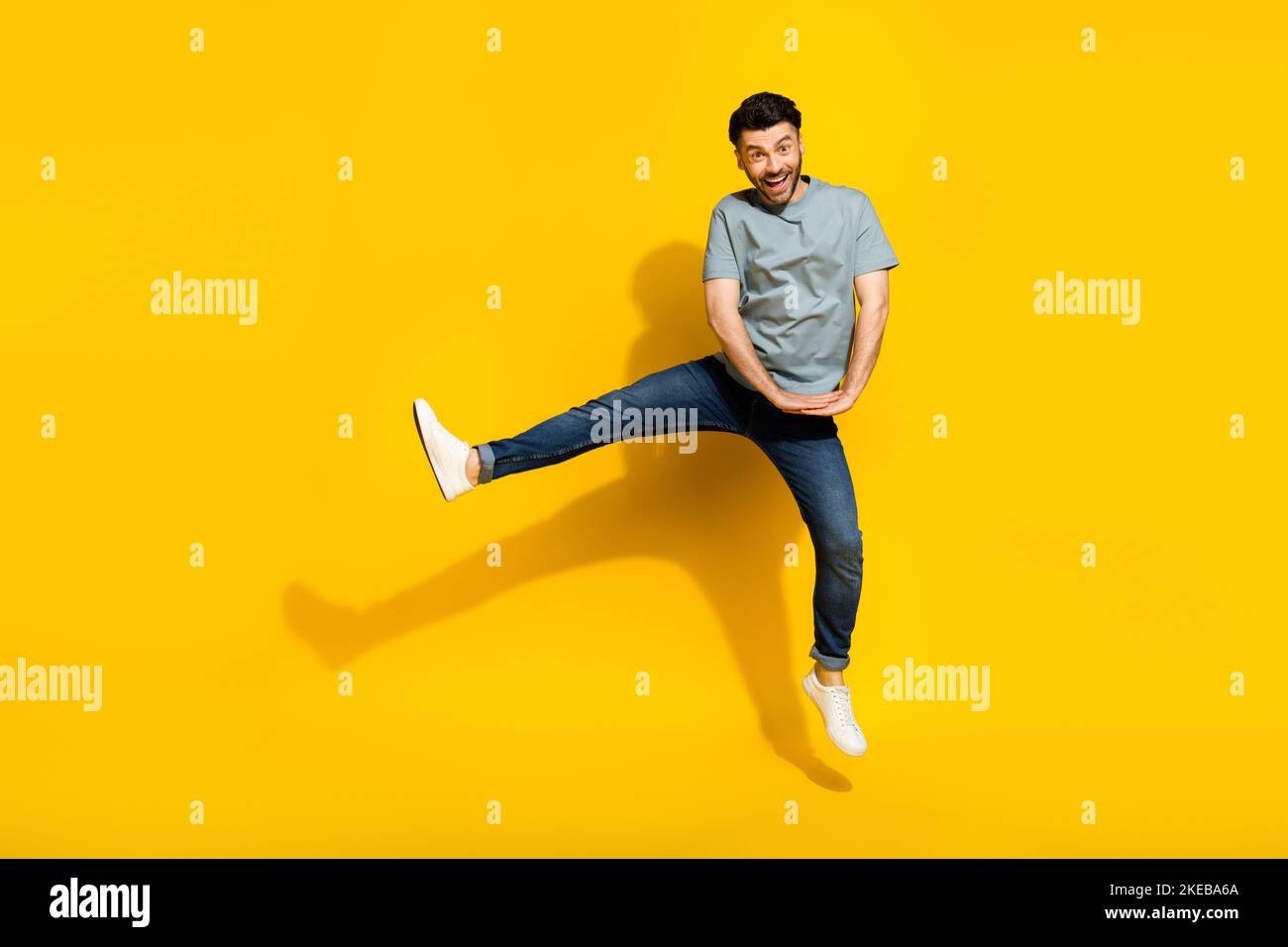 Full length photo of cheerful cool boy wear trendy clothes free time ...