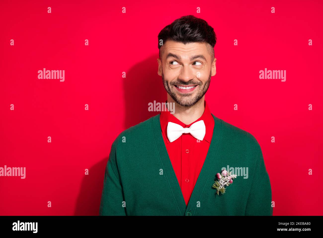 Portrait of positive elegant man beaming smile look interested empty ...