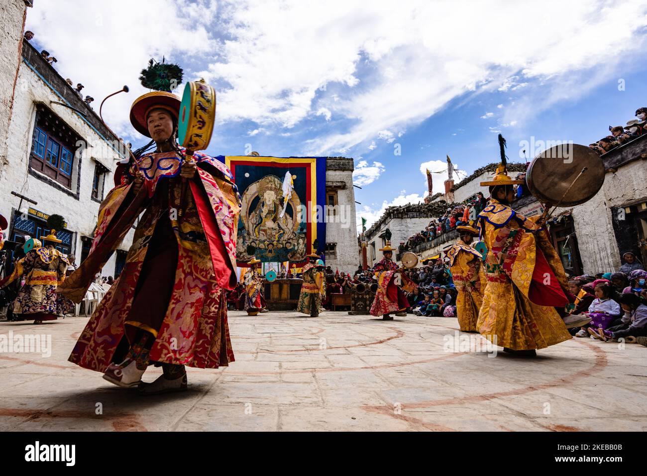 A scenic shot of Tibetan Buddhists in Ritual Dance at the Tiji Festival ...