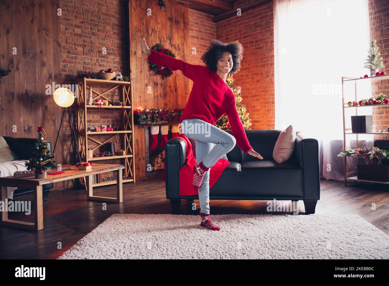 Photo of cheerful funky child lady good mood magic time stand one leg ...