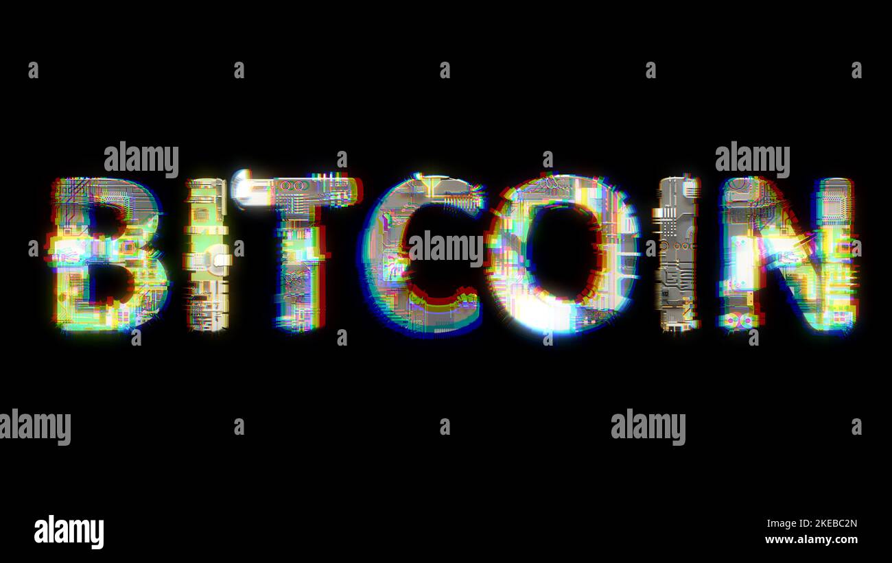 Glitch And Chromatic Aberrance Cybernetical Text Bitcoin On Black Isolated Object 3d