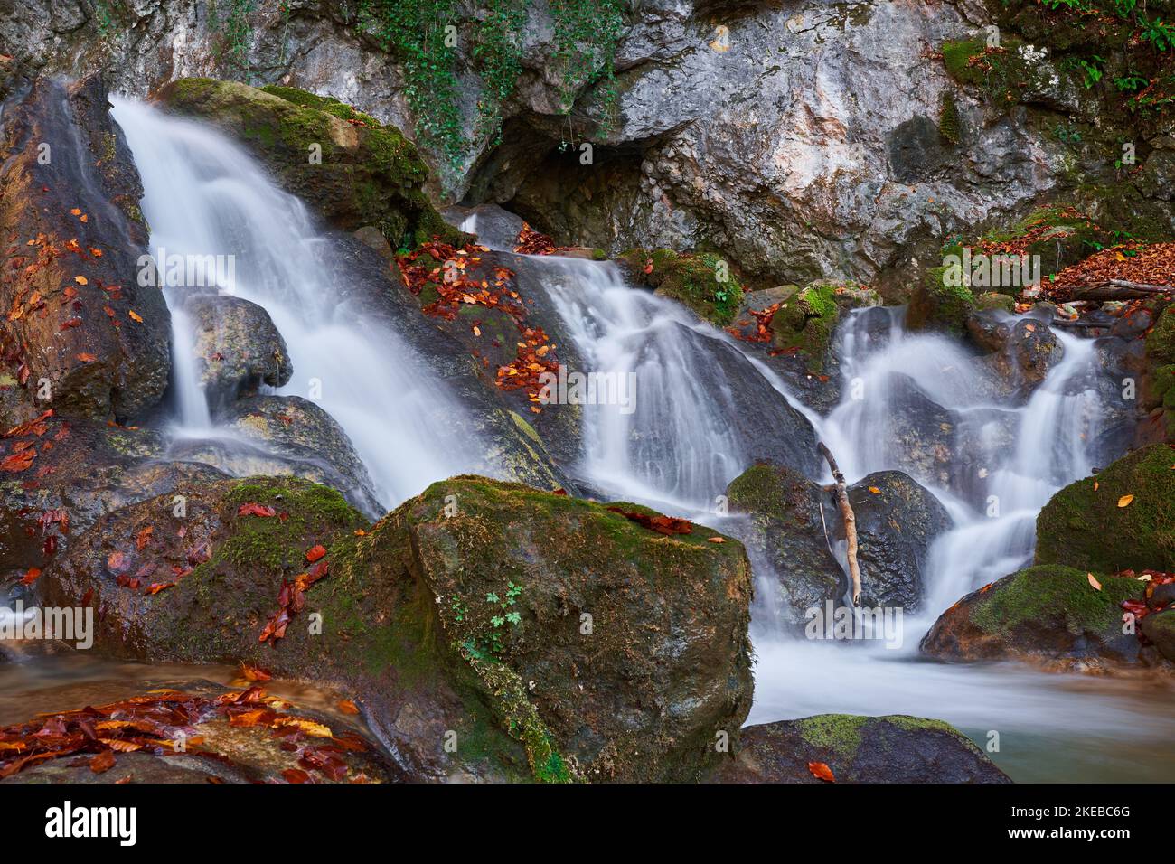 Waterfall in the afforested mountains in the late autumn Stock Photo ...