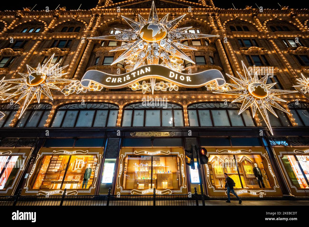 London, UK. 10th Nov, 2022. Christmas lights on Harrods facade appear ...