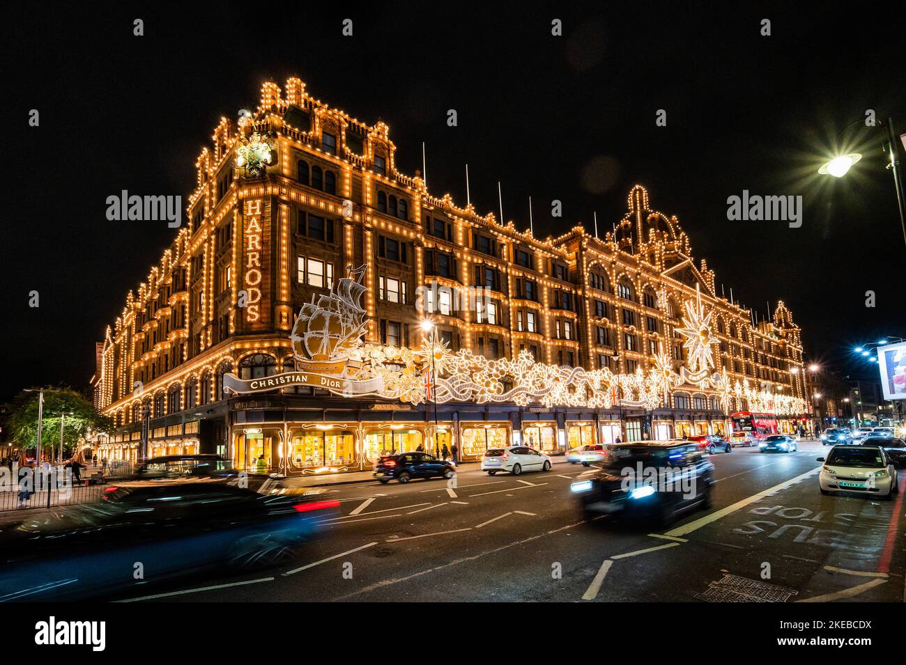 London, UK. 10th Nov, 2022. Christmas lights on Harrods facade appear ...