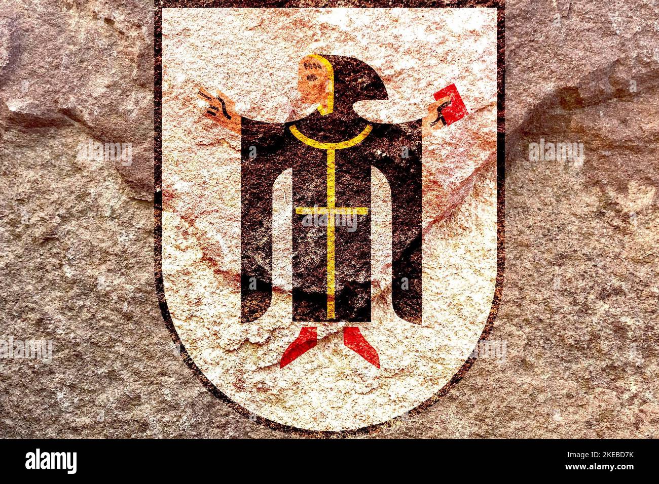 Coat of arms of Germany city Munich isolated on stone wall background ...