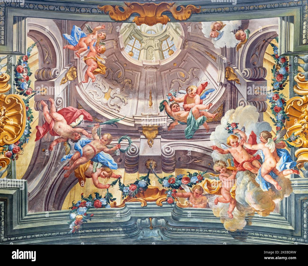 VARALLO, ITALY - JULY 17, 2022: The fresco of baroque angels among the ...