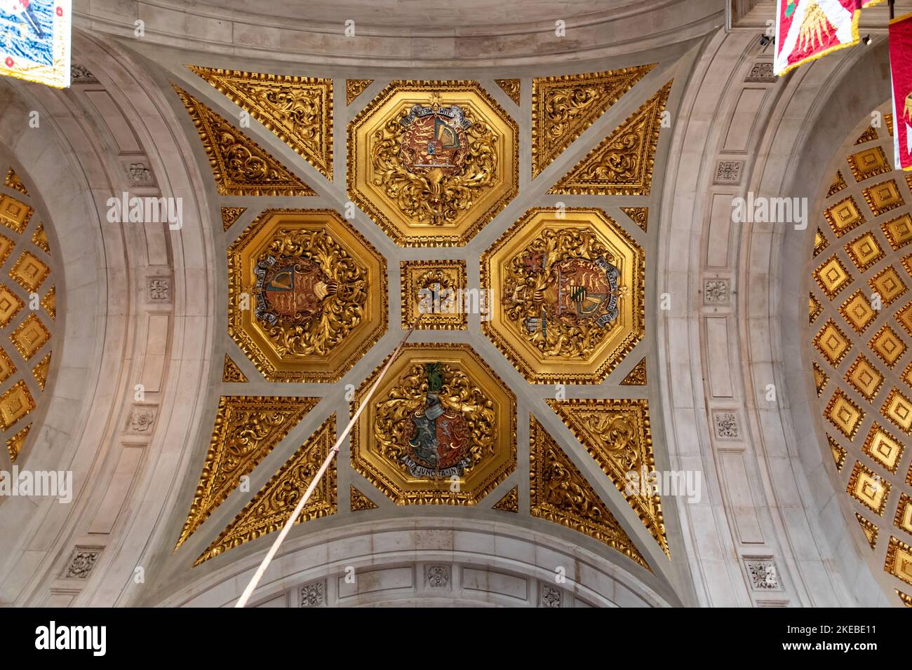 A low-angle shot of beautiful ceiling details with original ...