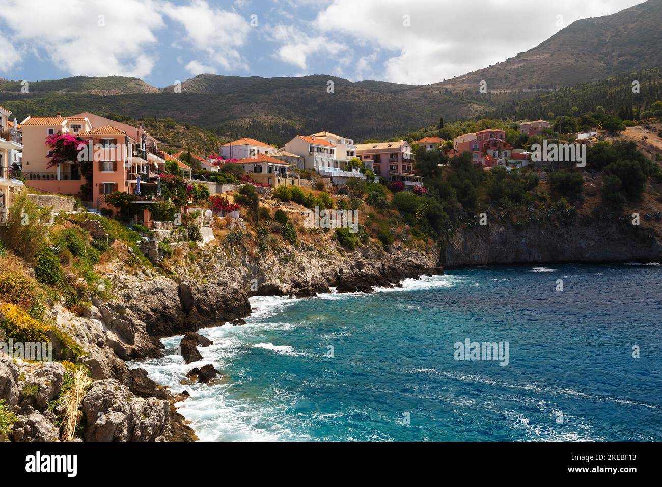 A view at the coast of Asos village, Assos peninsula and fantastic ...