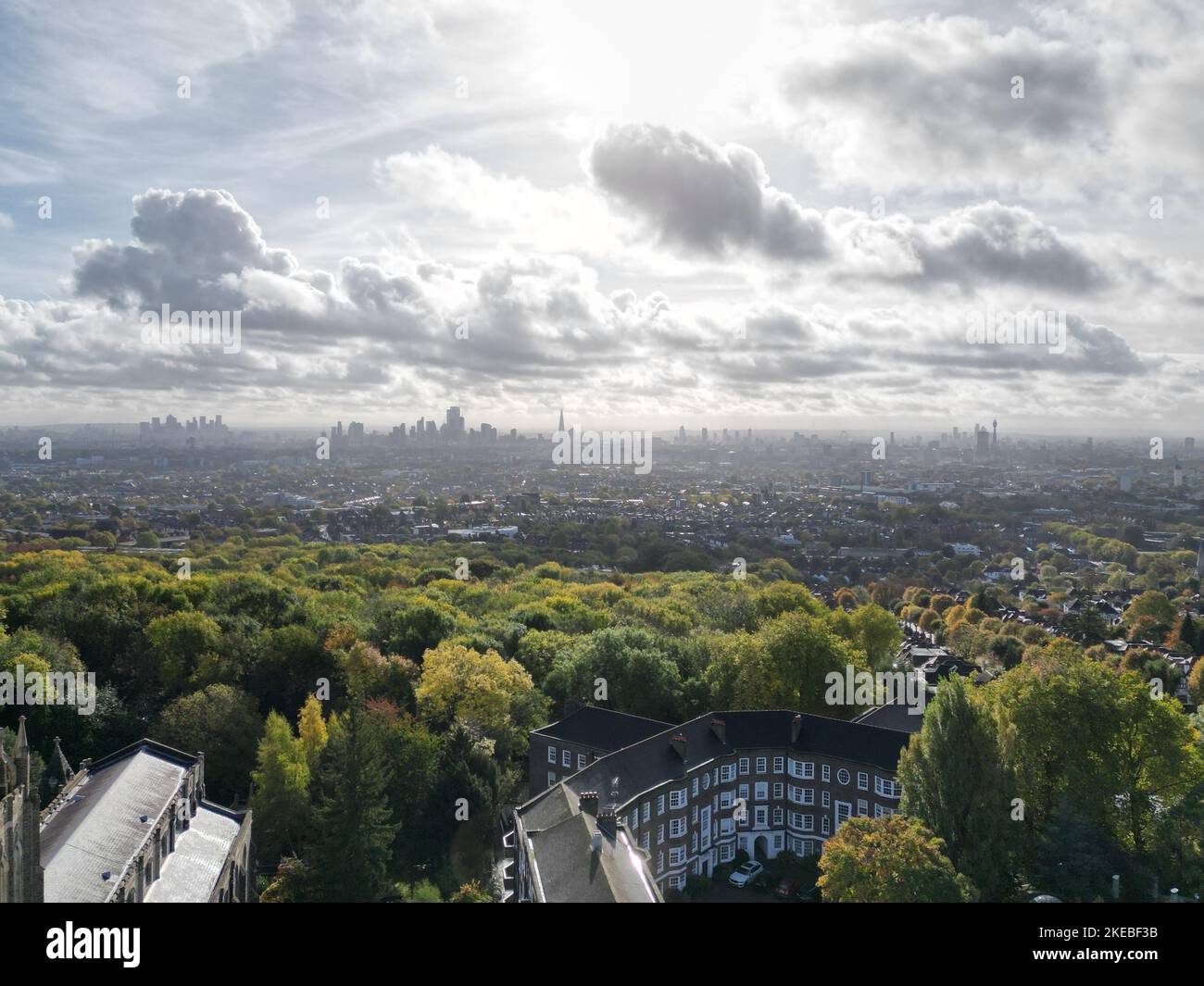 The aerial scenic view from Highgate towards central London buildings ...