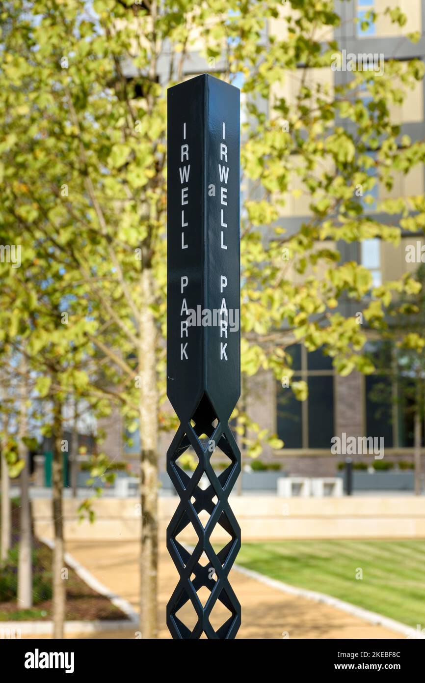 Metal sign for Irwell Park, by the river Irwell, Manchester, England ...