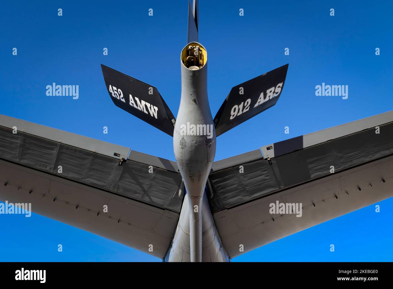 Looking up at the tail of a US Air Force KC-135 Stratotanker at the ...