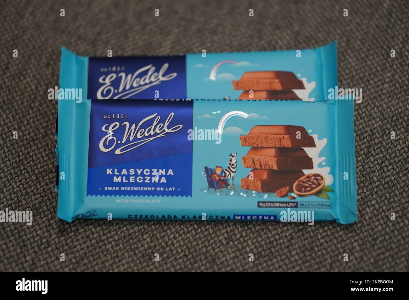 A closeup of Polish E. Wedel brand classic milk chocolate bars packed ...