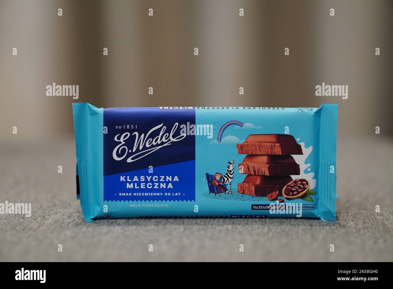 A closeup of Polish E. Wedel brand classic milk chocolate bar packed in ...