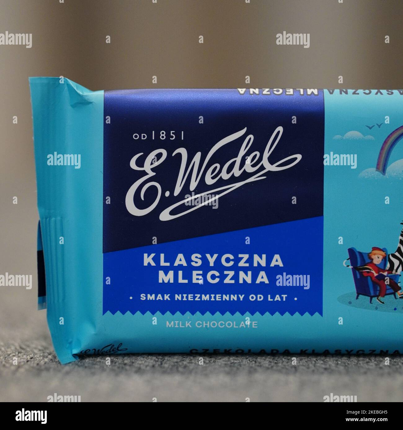 A closeup of Polish E. Wedel brand classic milk chocolate bar packed in ...