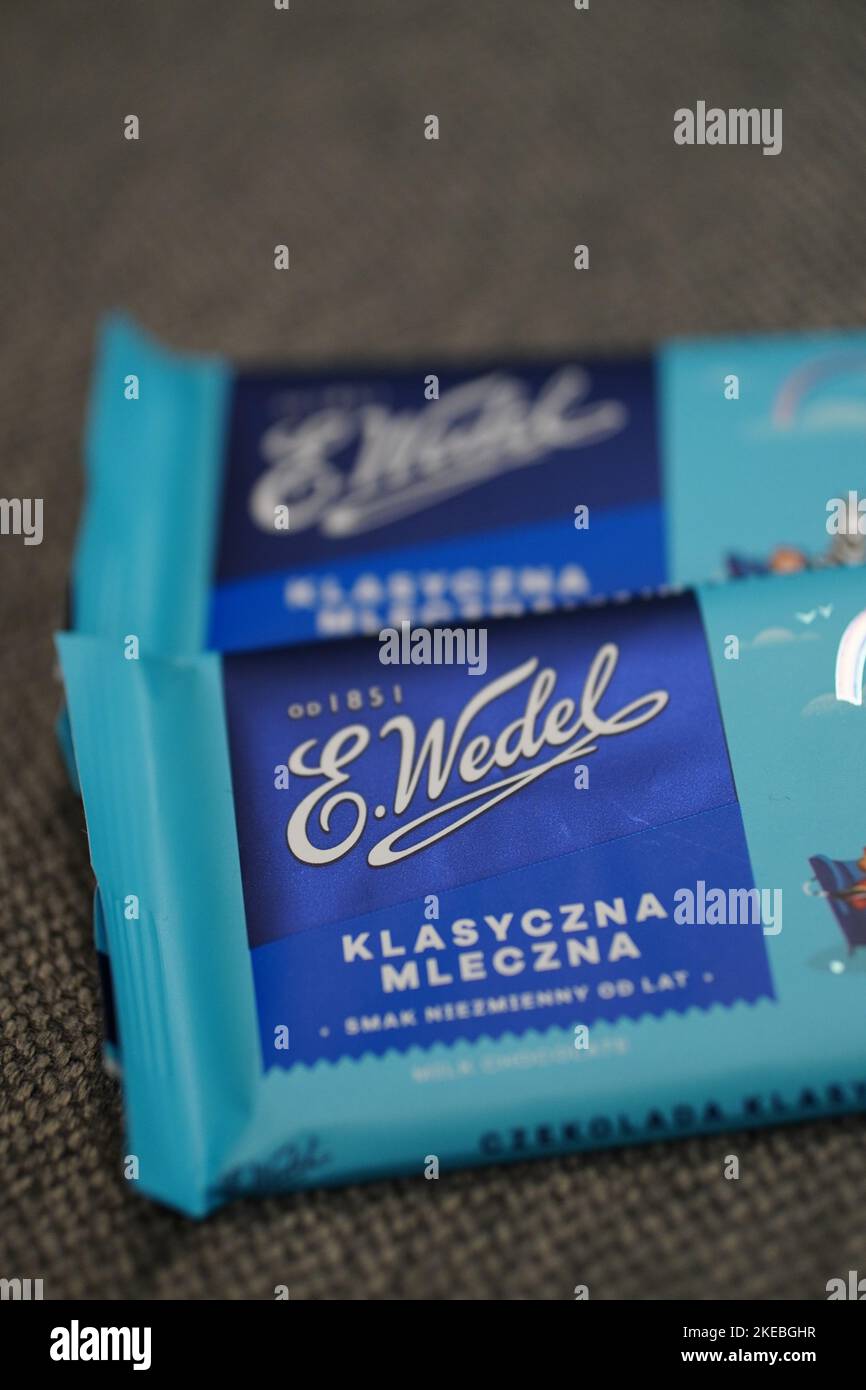 A vertical closeup of Polish E. Wedel brand classic milk chocolate bars ...