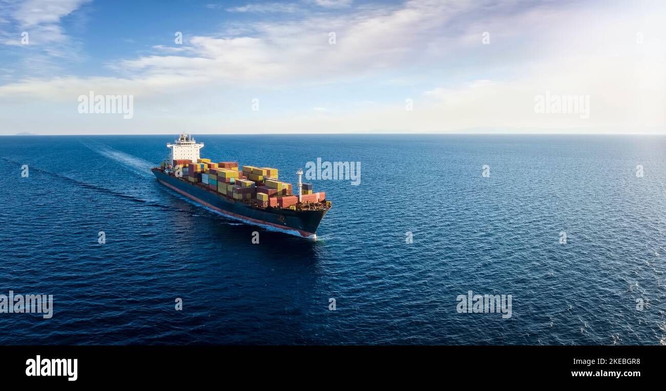 Panoramic aerial view of a cargo ship carrying containers Stock Photo ...