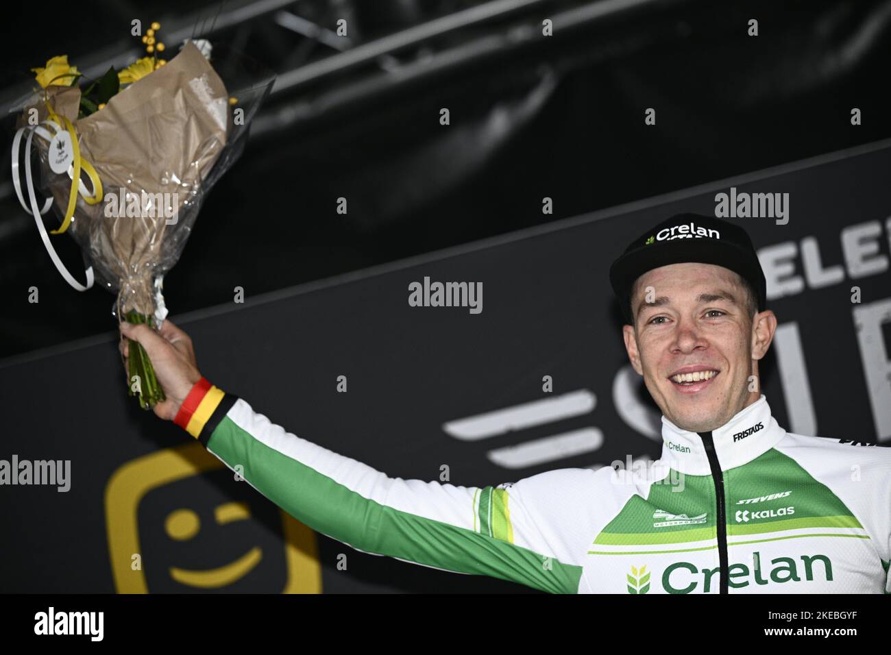 Belgian Laurens Sweeck celebrates on the podium after winning the men's ...